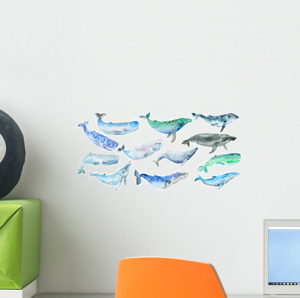 Blue-green Watercolor Whales Wall Decal Sticker Set - WallMonkeys.com ...