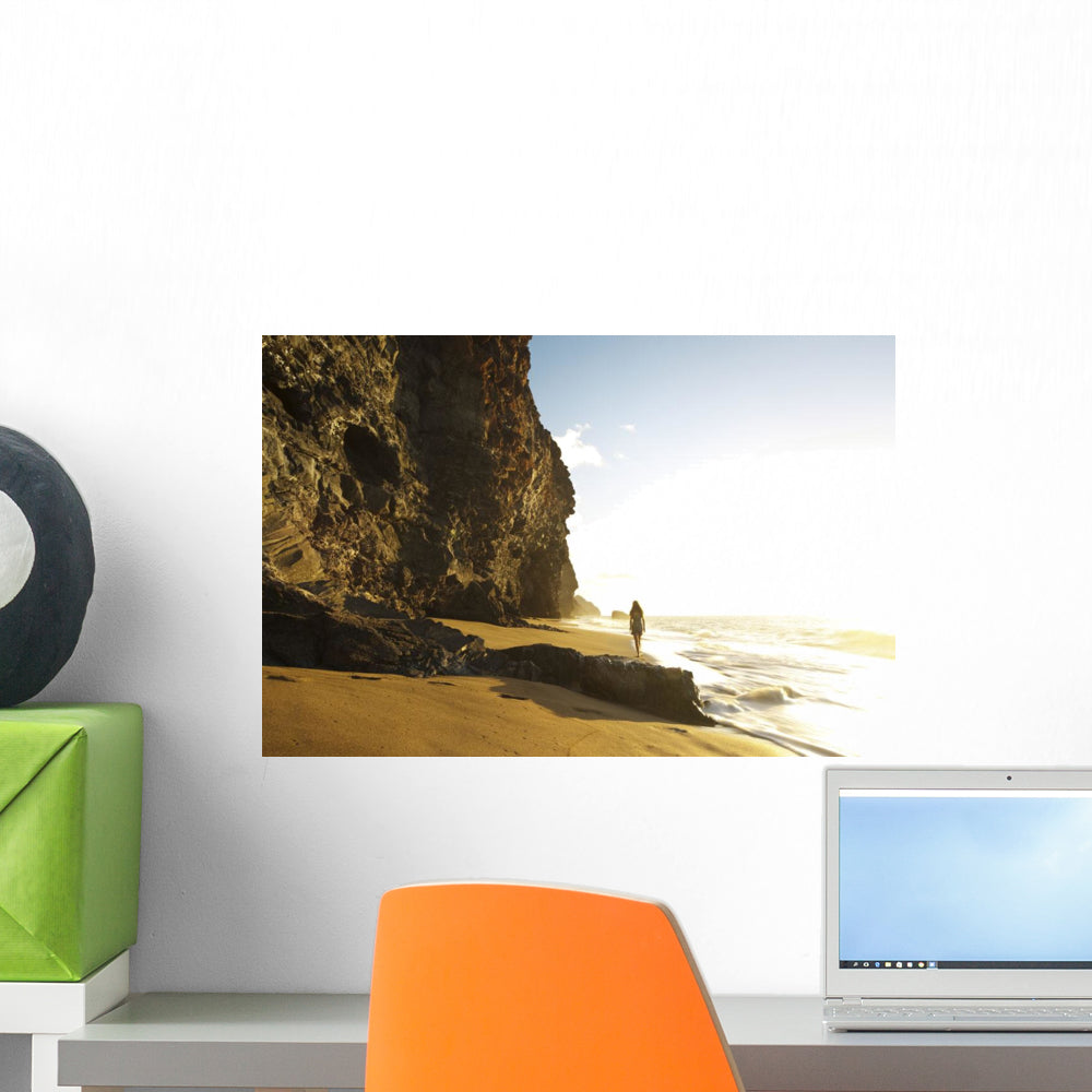 Woman Walking along Shoreline Wall Mural – Wallmonkeys
