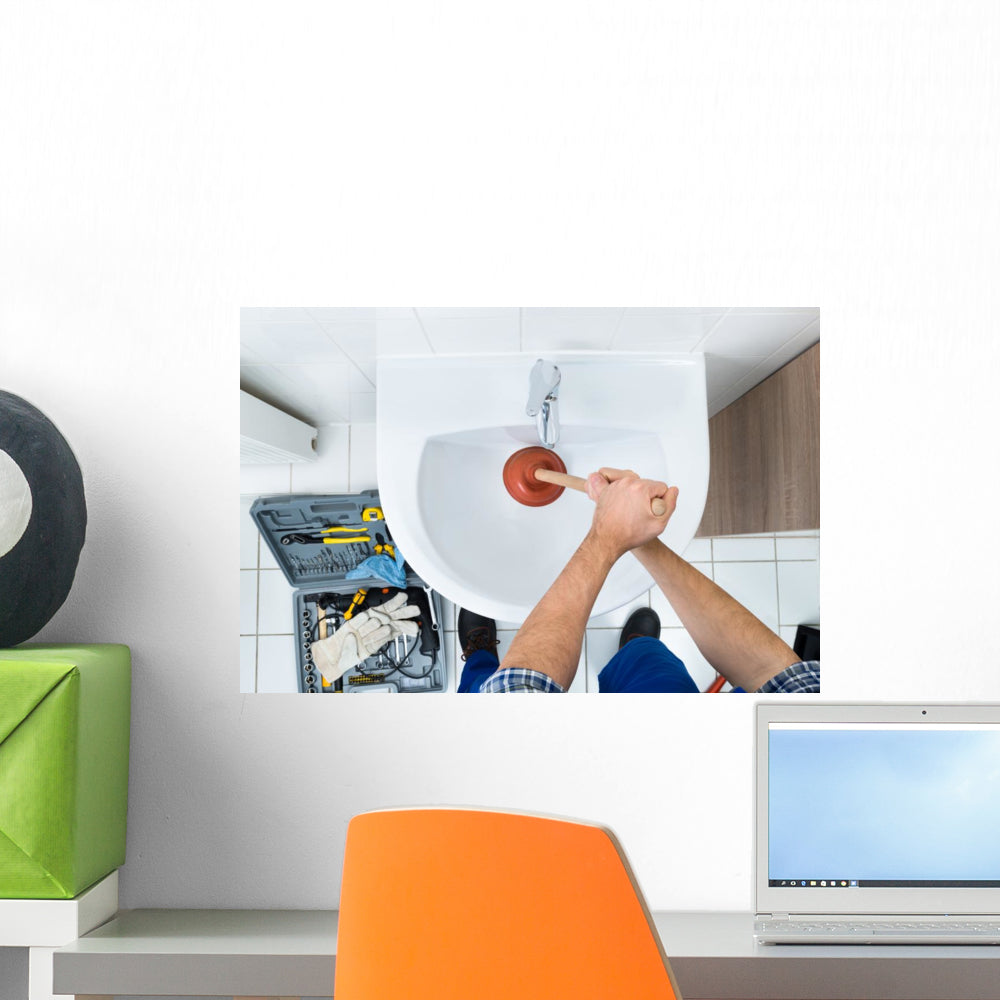 Male Plumber Using Plunger In Bathroom Sink Wall Decal - WallMonkeys ...