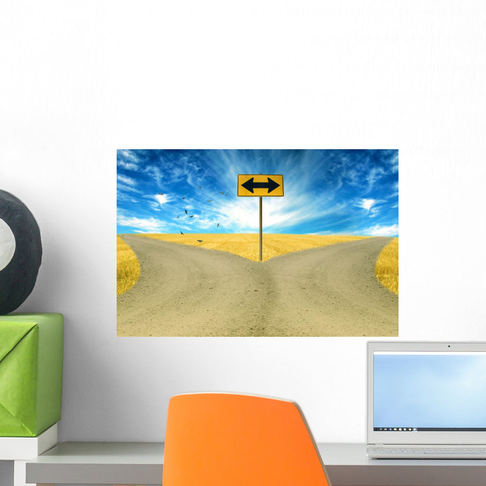 Two Roads, Road Sign Ahead With Arrows Blue Sky Background Wall Decal ...