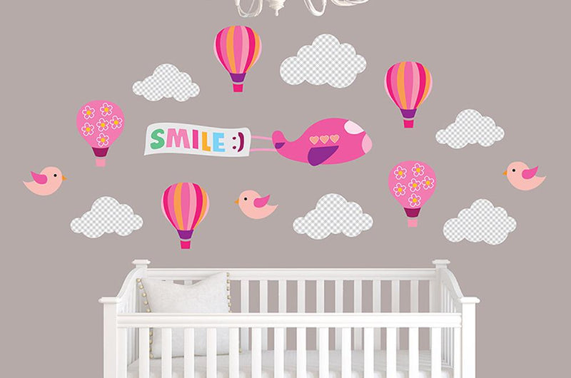 Pink Clouds Balloons Airplane Wall Decal Sticker Set Wall Decal ...